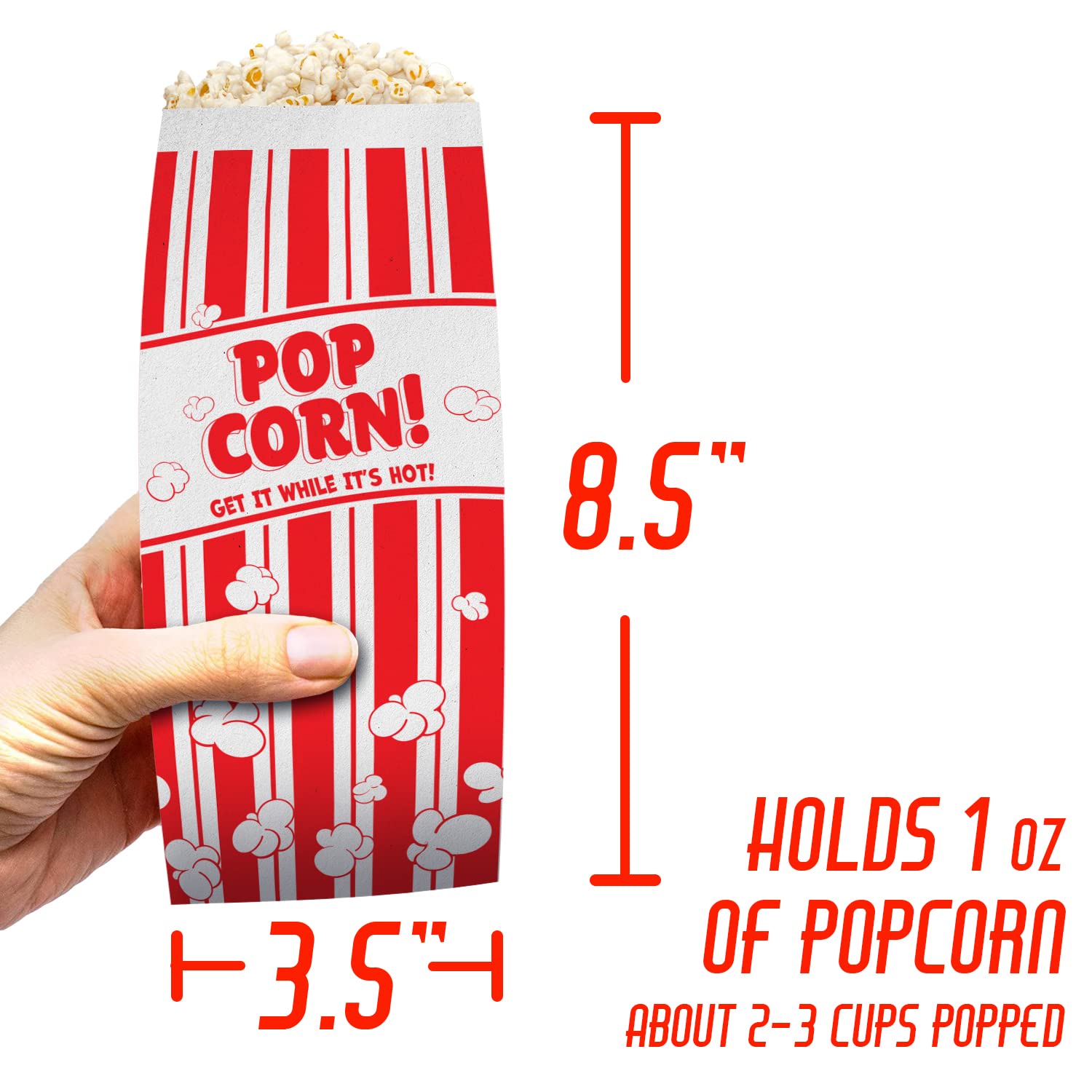Retro, Grease Resistant Popcorn Bags 25 Pack. Single Serving 1oz Paper Sleeves in Nostalgic Red/White Design Movie Theme Party and Old Fashioned Carnivals & Fundraisers Old School Supplies