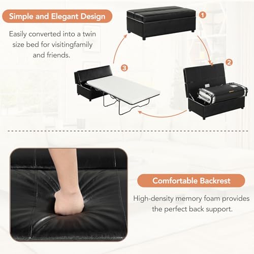 CuisinSmart Folding Ottoman Bed,Pull Out Sofa Bed with Mattress,2 in 1 Convertible Guest Sofa Be,F Old Out Sleeper Sofa Bed for Living Room Small Apartment Bedroom Off Black PU