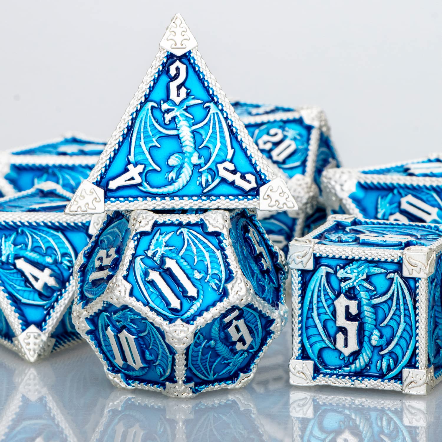 ARUOHHA 7PCS DND Metal Dice Set with Gift Box, Silver Blue D&D Dice 6 Sided Polyhedral Dice for Dungeons and Dragons RPG Role Playing Games D and D Dice D20 D12 D10 D8 D6 D4