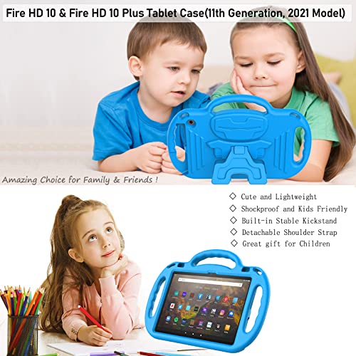 LTROP Kids Case for Fire HD 10 and Fire HD 10 Plus (11th Generation, 2021 Release) 10.1-Inch with Shoulder Strap, Light Weight Shockproof Kid-Proof Handle Stand Cover Case for Fire HD 10 2021, Blue