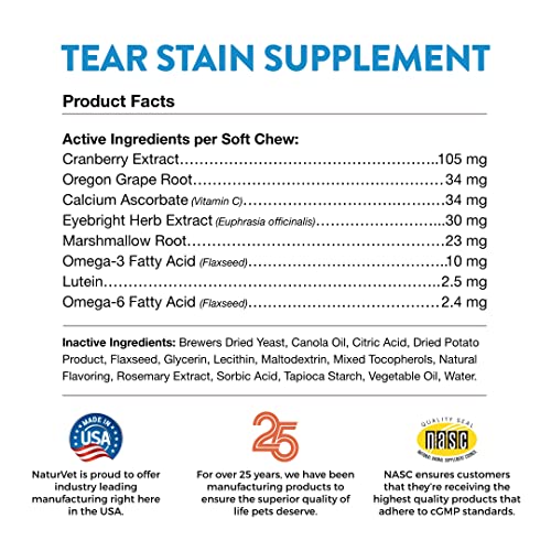 NaturVet – Tear Stain Plus Lutein – Eliminates Unsightly Tear Stains – Enhanced with Cranberry Extract, Marshmallow Root & Oregon Grape Root – for Dogs & Cats – 70 Soft Chews