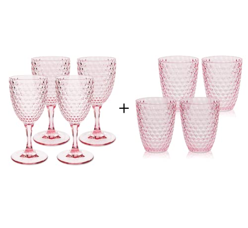 BELLAFORTE Laguna Beach Wine Glass Pink + Short Tumbler Pink Shatterproof Tritan Drinking Glasses, Dishwasher Safe, BPA Free