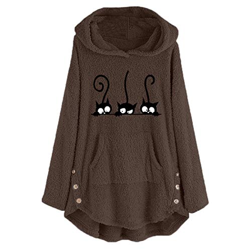Hoodies for Women, FAPIZI Women Autumn Winter Crew Neck Cat Printed Shaggy Fuzzy Fleece Long Hooded Sweatshirts Pullover Brown