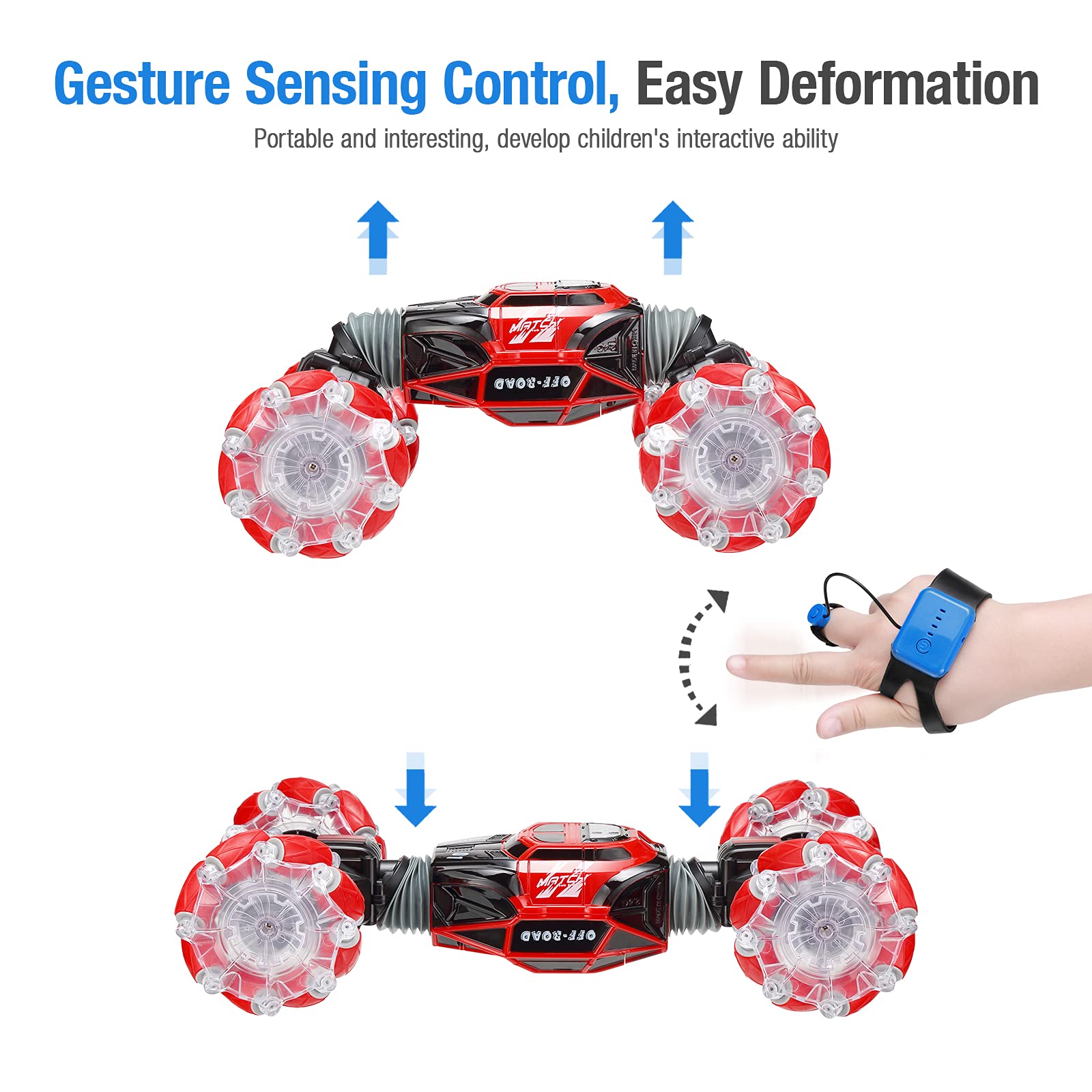 Powerextra Remote Control Car, 4WD Rc Stunt Car with Light & Music, Watch Gesture Sensor Car, Double Sided Rotating Off Road 360° Flips, Toy Car for Boys & Girls - Red
