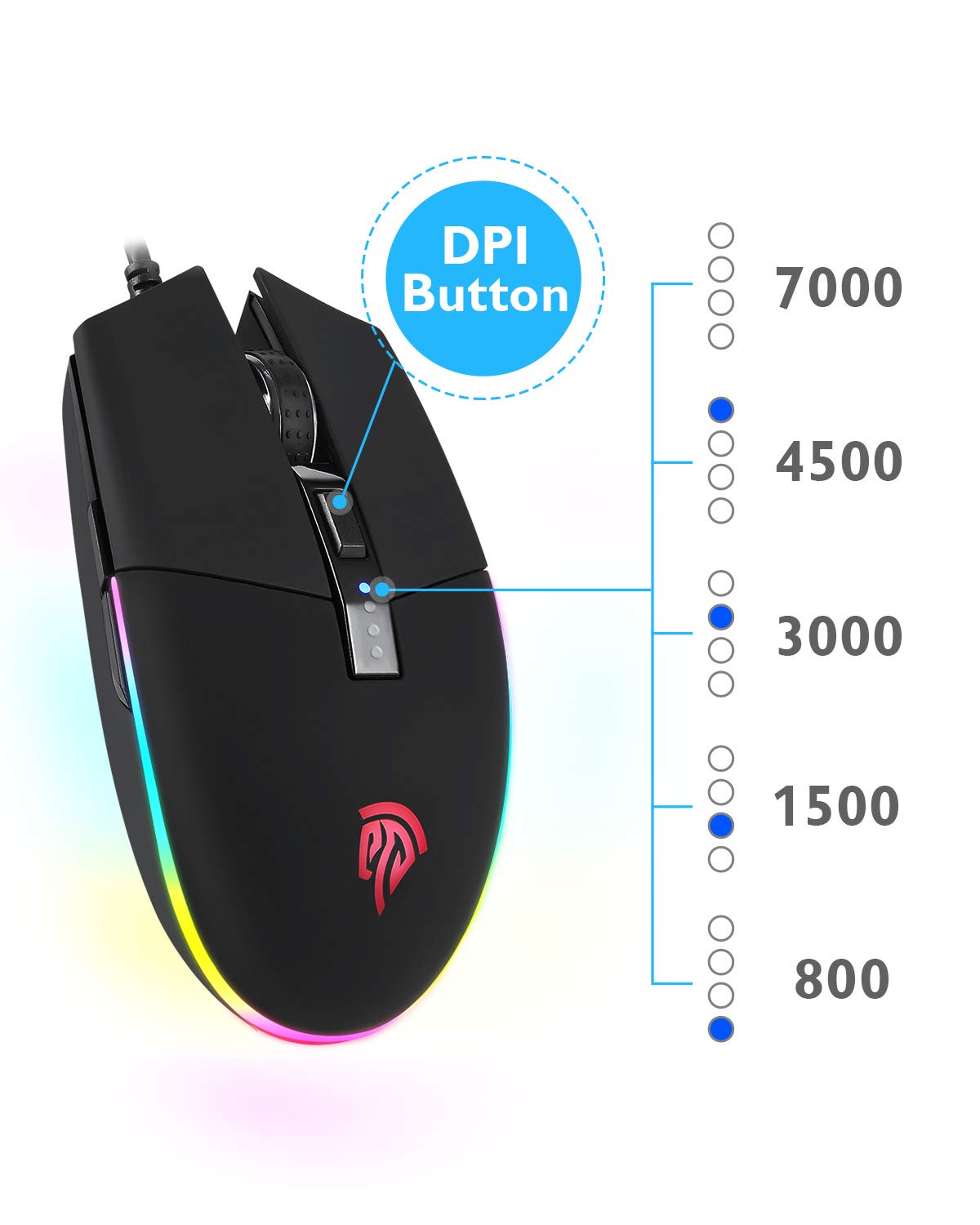 EasySMX V50 RGB Wired Gaming Mouse, Ergonomic Computer Mouse with 5 Programmable Buttons, 22 Preset Macros for PUBG, 5 DPI Settings, LED Backlit USB Mouse for Laptop/PC/Windows/Linux/Mac