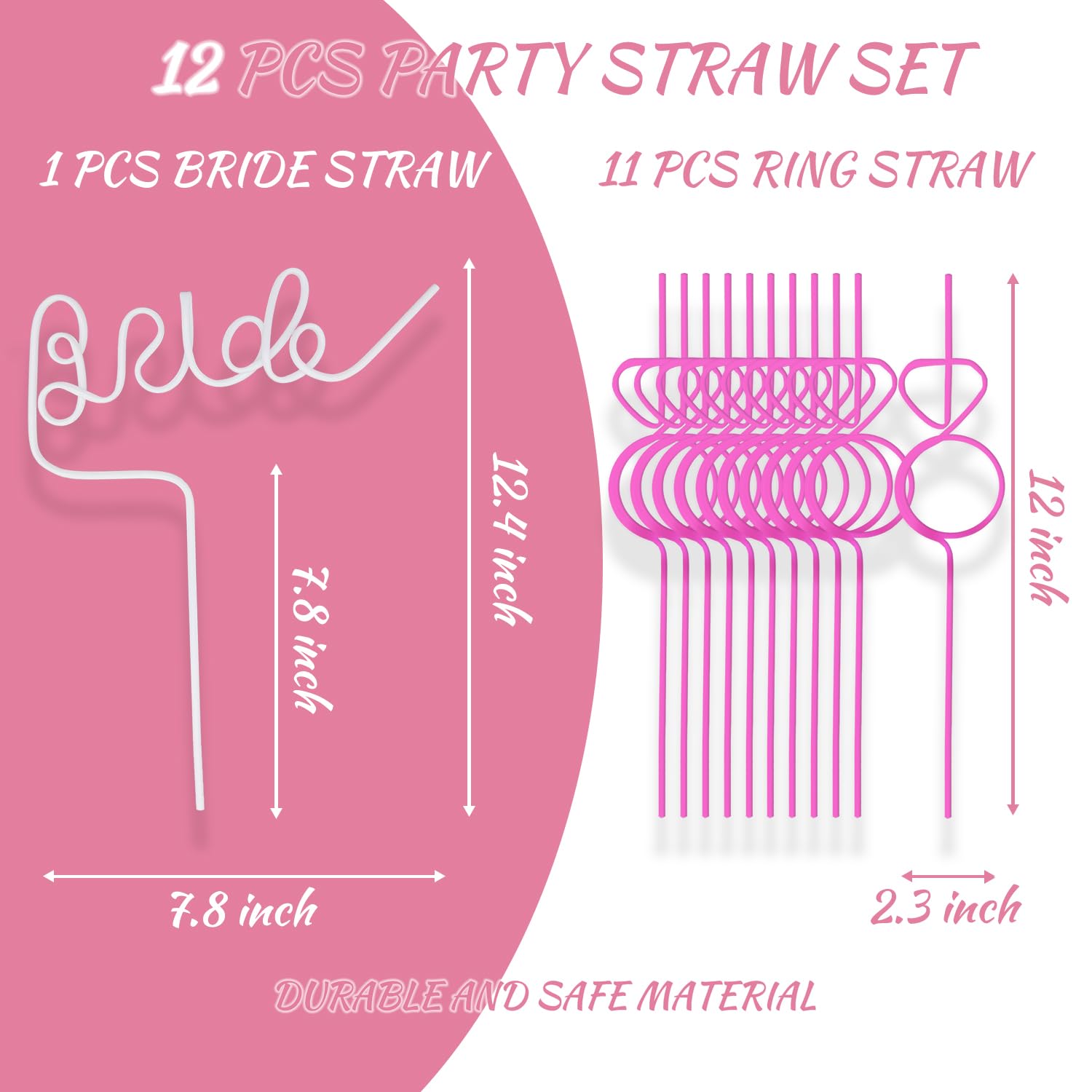 Bachelorette Party Decorations Straws Set 12 Pcs, Vulgbunee Bride Party Supplies,11 Diamond Ring (Pink) and 1 Bride Straw (White)