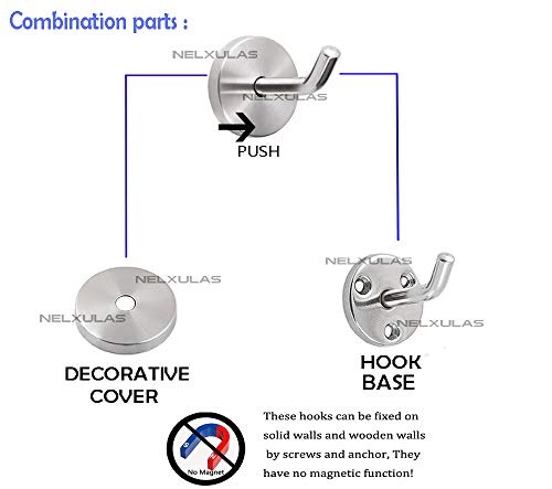 NELXULAS Brushed Stainless Steel Single Heavy Duty Short Nose Screws Wall Mount Hook,Fit for Kitchen,Bedroom,Living Room, Bathroom,Closets and Garage Storage,No Magnetic Mount Function(2", 4 PCS)