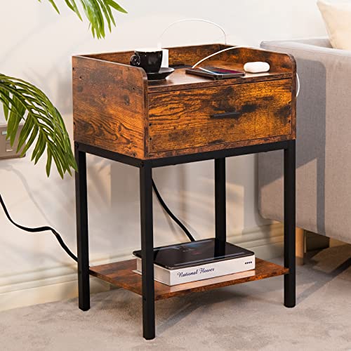 Lerliuo Nightstand with Charging Station and USB Ports, 3-Tier End Side Table with Storage Drawer and Shelf, Modern Bedside Night Stand for Bedroom, Living Room- Retro Brown