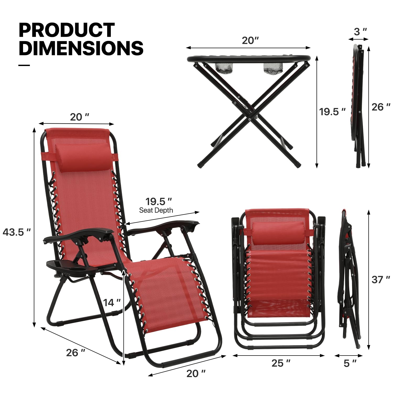 MoNiBloom 3PCS Leisure Chairs Table Set Outdoor Furniture Zero Gravity Chairs Recliner Adjustable Folding Lounger for Pool Patio Camping Yard Beach Vacation, 330lbs Capacity, Maroon