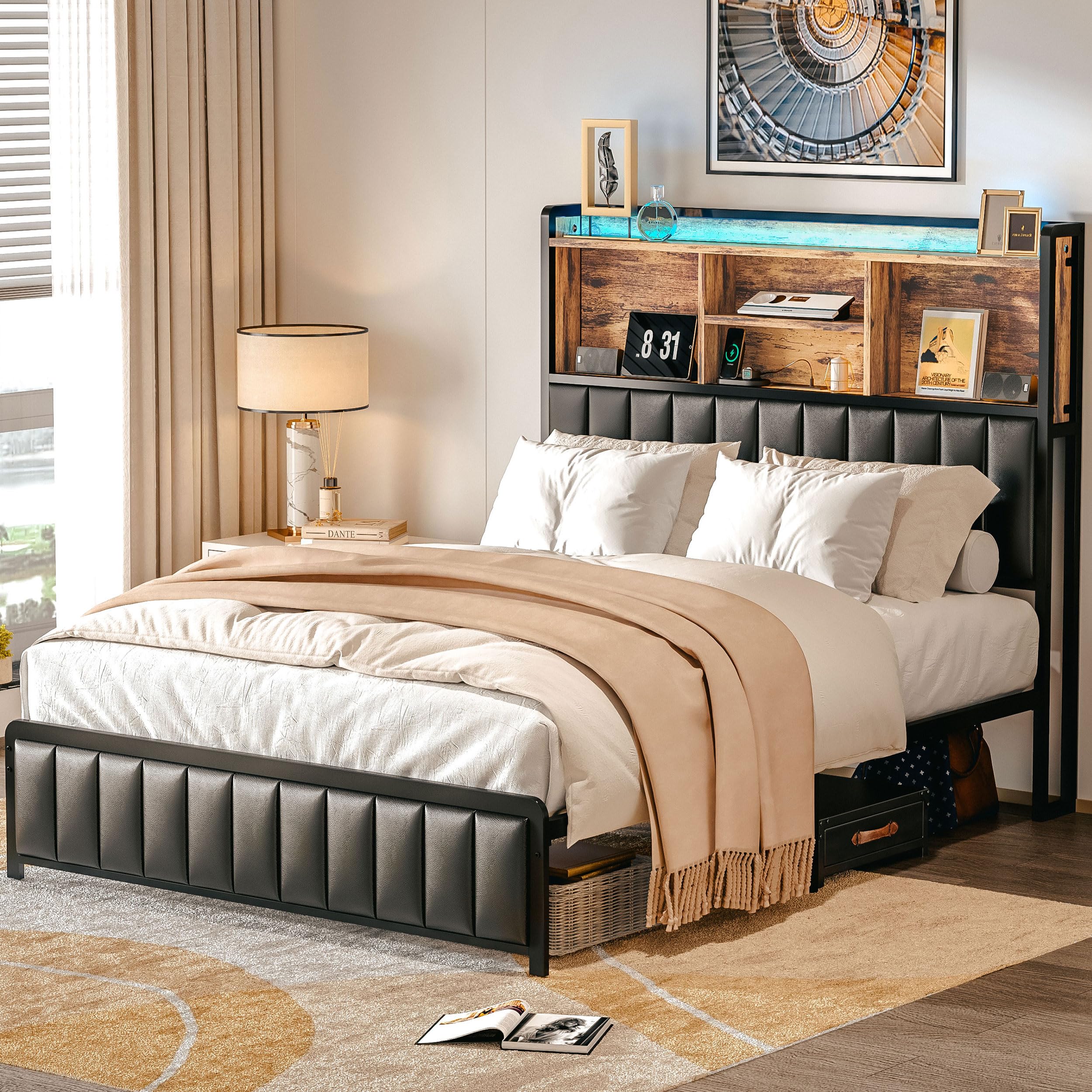ANCTOR King Size Bed Frame with Upholstered Headboard and LED Light, Strong Platform Bed with Charging Station,No Box Spring Needed