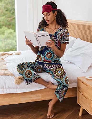 Ekouer Womens Pajama Set Summer Sleepwear Tops with Capri Pants Set Comfy Casual Prints Pj Sets