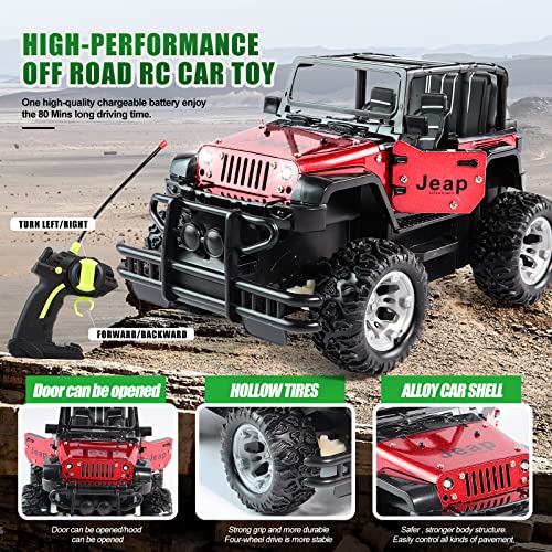 bibisash 1:20 Scale Remote Control Car, Non-Slip Off-Road Toy Car with Friction Powered Wheels & Openable Doors, RC Jeep Toy for Kids & Children (Red)