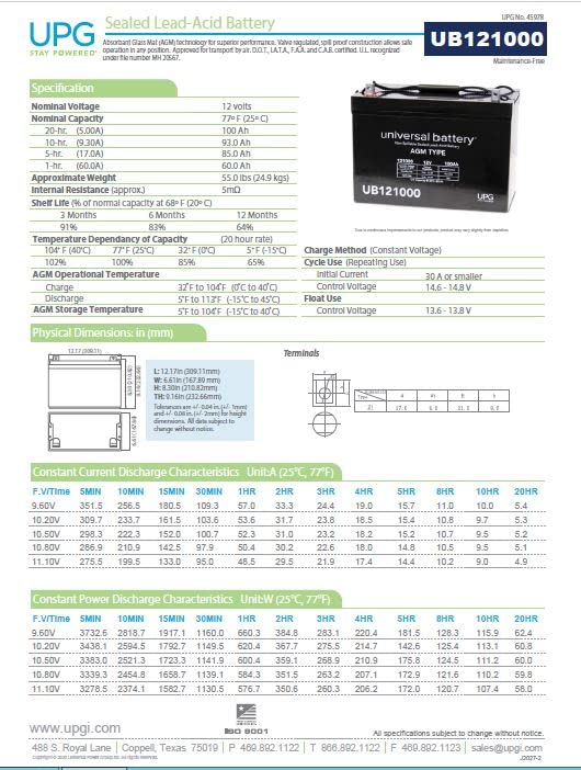 UPG Universal Power Group 12V 100Ah Solar Wind AGM SLA DEEP Cycle VRLA Battery 12V 24V 48V