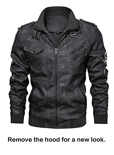 HOOD CREW Men’s Casual Stand Collar PU Faux Leather Zip-Up Motorcycle Bomber Jacket With a Removable Hood