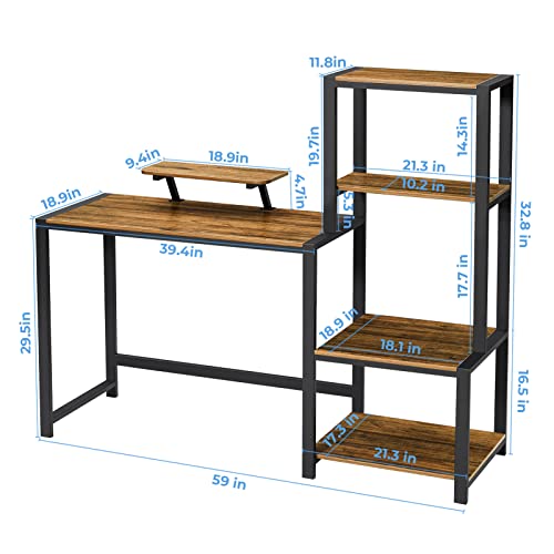 GreenForest Computer Desk 59 inch with Storage Printer Shelf Reversible Home Office Desk with Movable Monitor Stand and 2 Headphone Hooks for Study Writing PC Gaming Working, Walnut