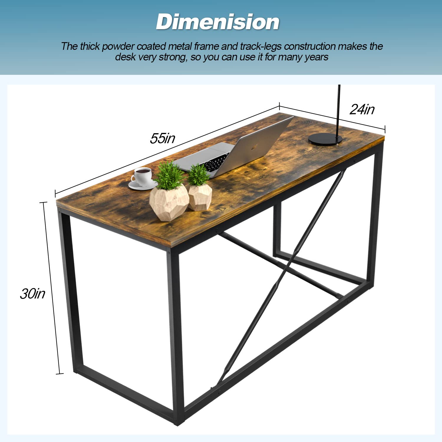 PayLessHere 55 Inch Computer Desk Game Desk Industrial Style Easy Assembly Home Office Writing Table Writing Study Table for Home Office, Vintage Brown
