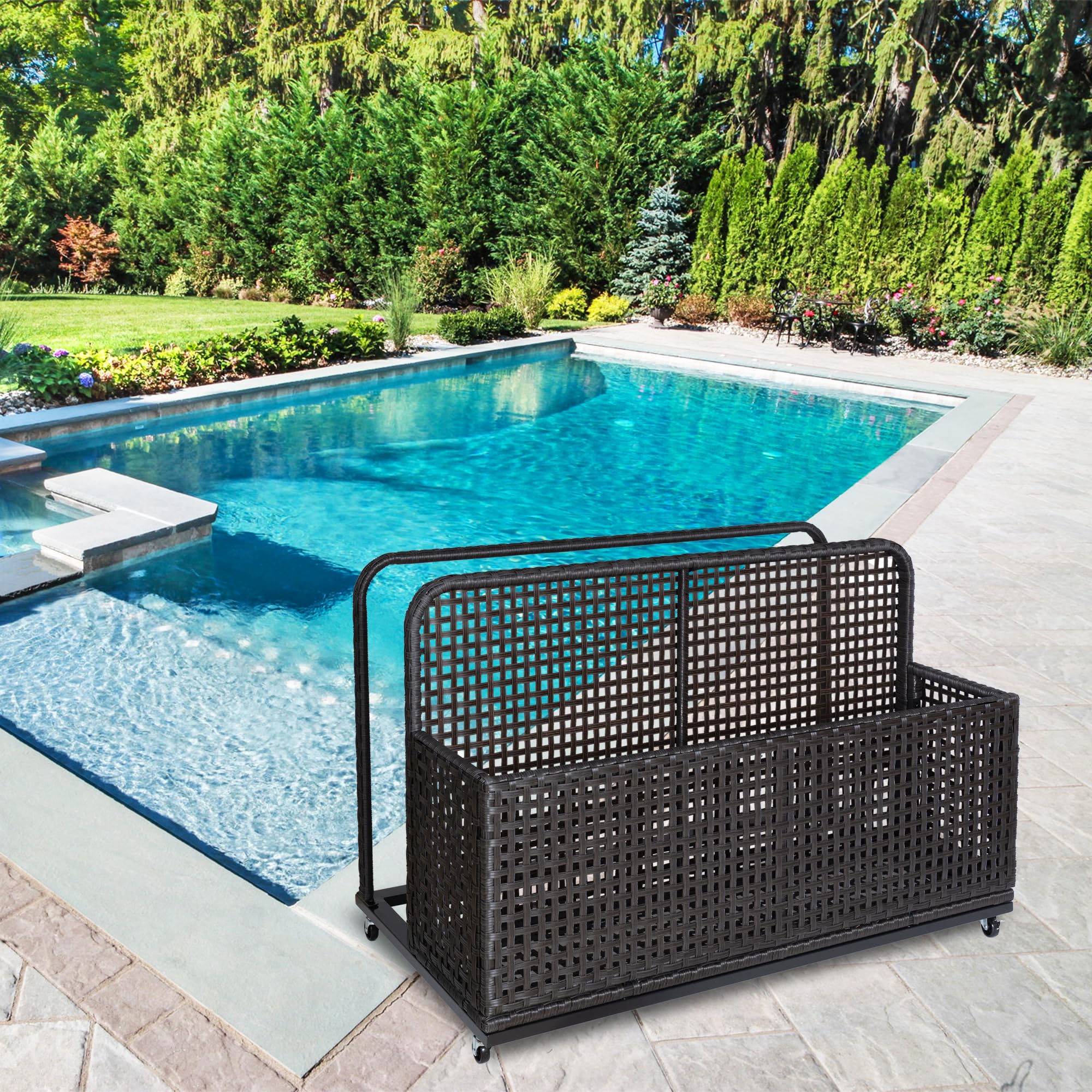 IDEALHOUSE Poolside Float Storage, Outdoor Storage, Patio Poolside Float Storage Basket, Storage Box, PE Rattan Outdoor Pool Caddy with Rolling Wheels for Floaties, Beach-Sturdy & Movable,Black-brown