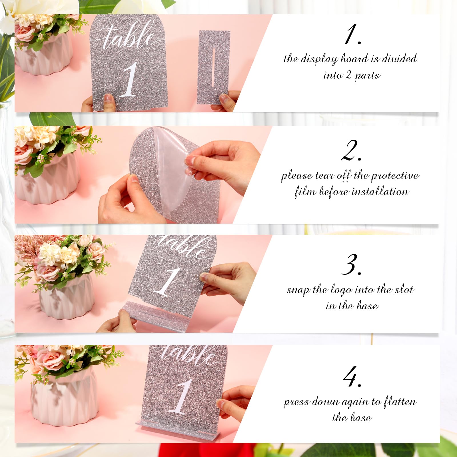 Geetery 10 Pcs Bling Table Numbers 1-10, Silver Acrylic Wedding Table Number with Stands, 5 x 7 Inch Table Number Holders, Glitter Table Sign Numbers for Wedding Reception, Event, Party