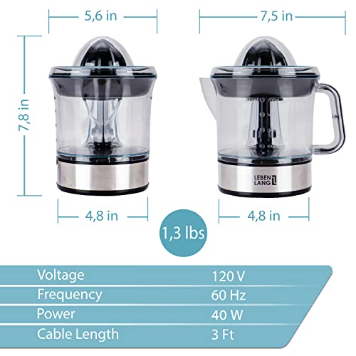 LEBENLANG β Electric juicer max juice yield | Citrus juicer + 2 cones 40W | Lemon, lime, orange, fresh fruit juice squeezer machine | Automatic lever press extractor | exprimidor de naranjas electrico