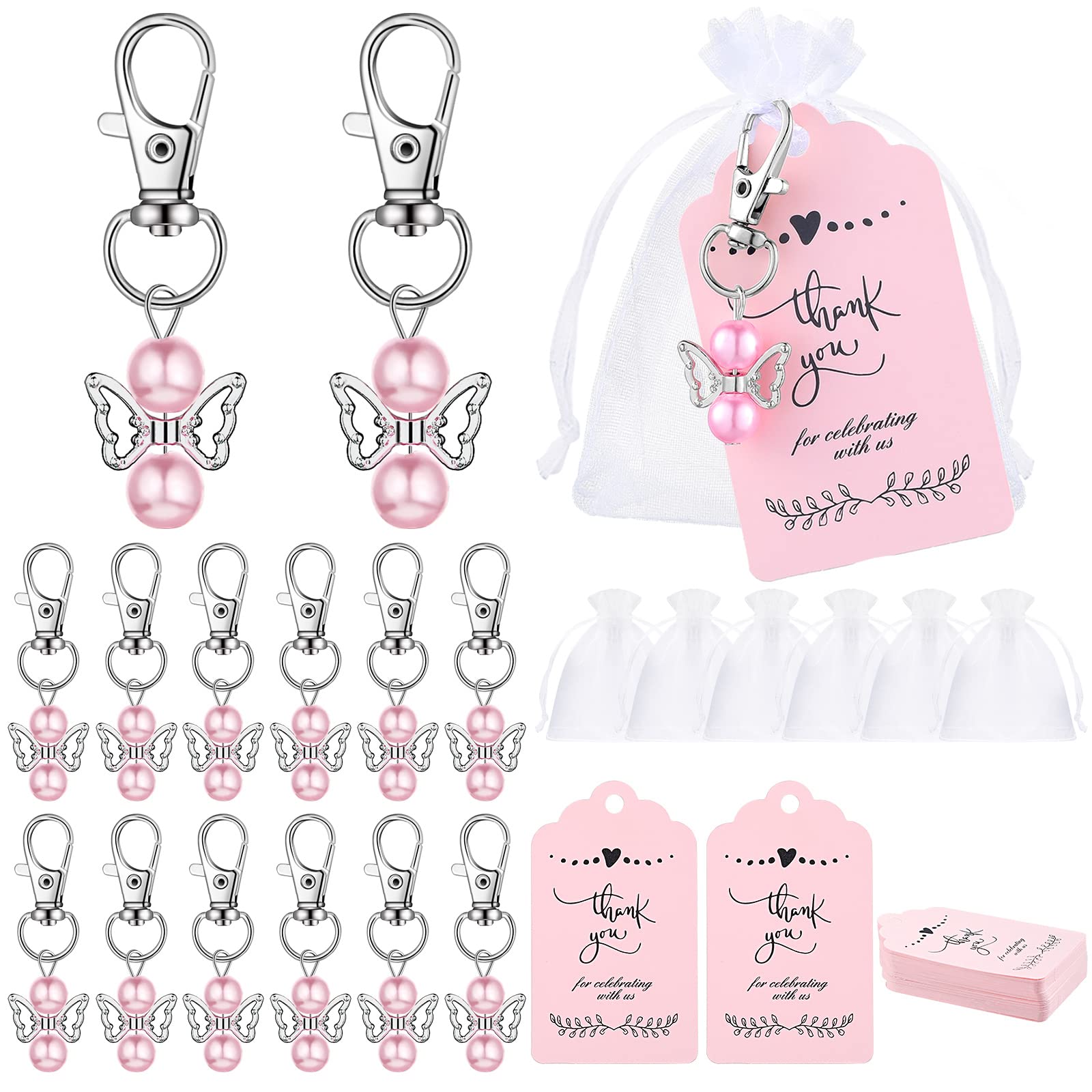Hicarer 60 Sets Angel Keychains Baby Shower Favors 60 White Organza Gift Bags with Thank You Tags Angel Keychains for Guest (Pink)