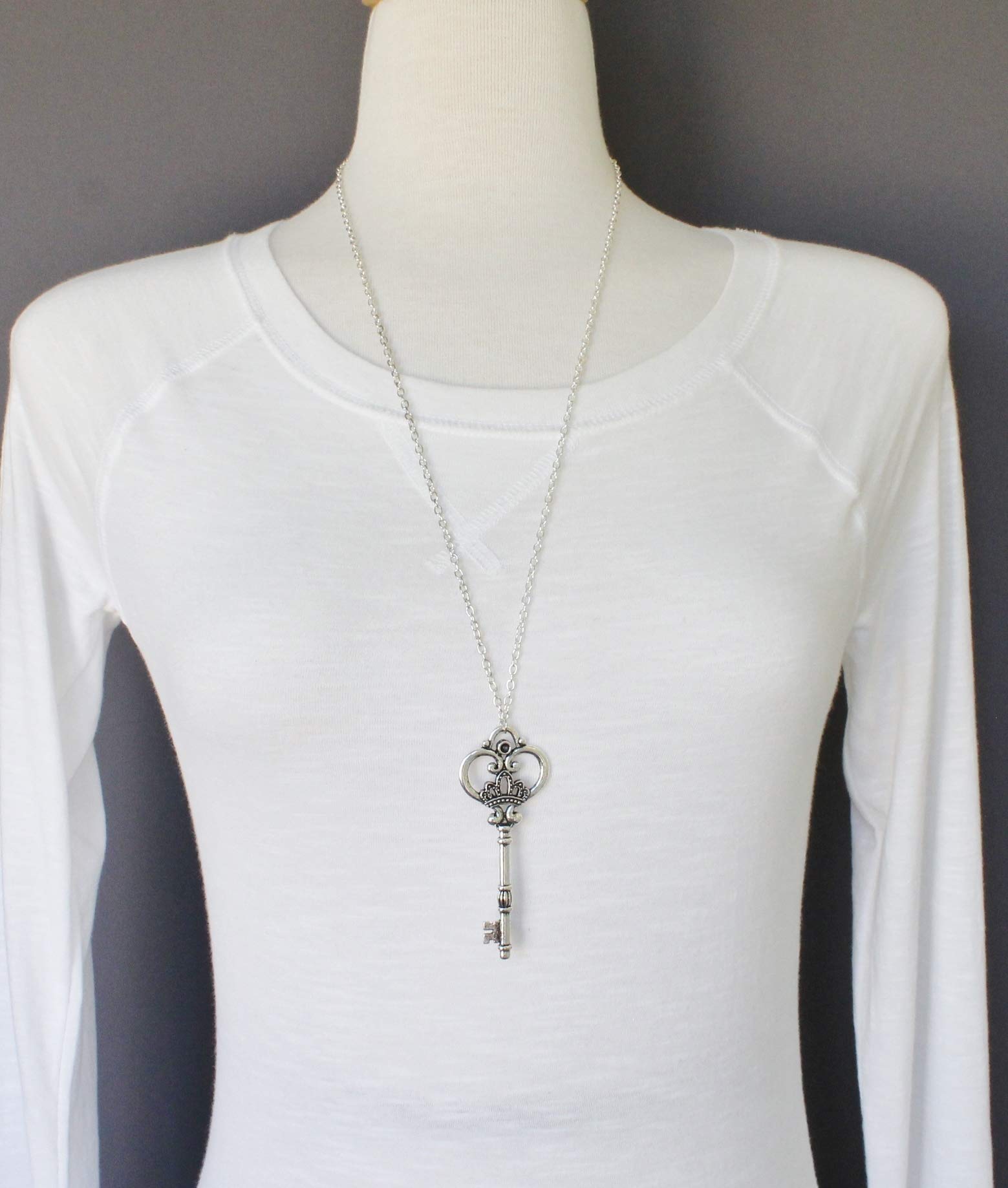 Antiqued womens Silver key necklace 27 long necklace chain skeleton key pendant silver chain