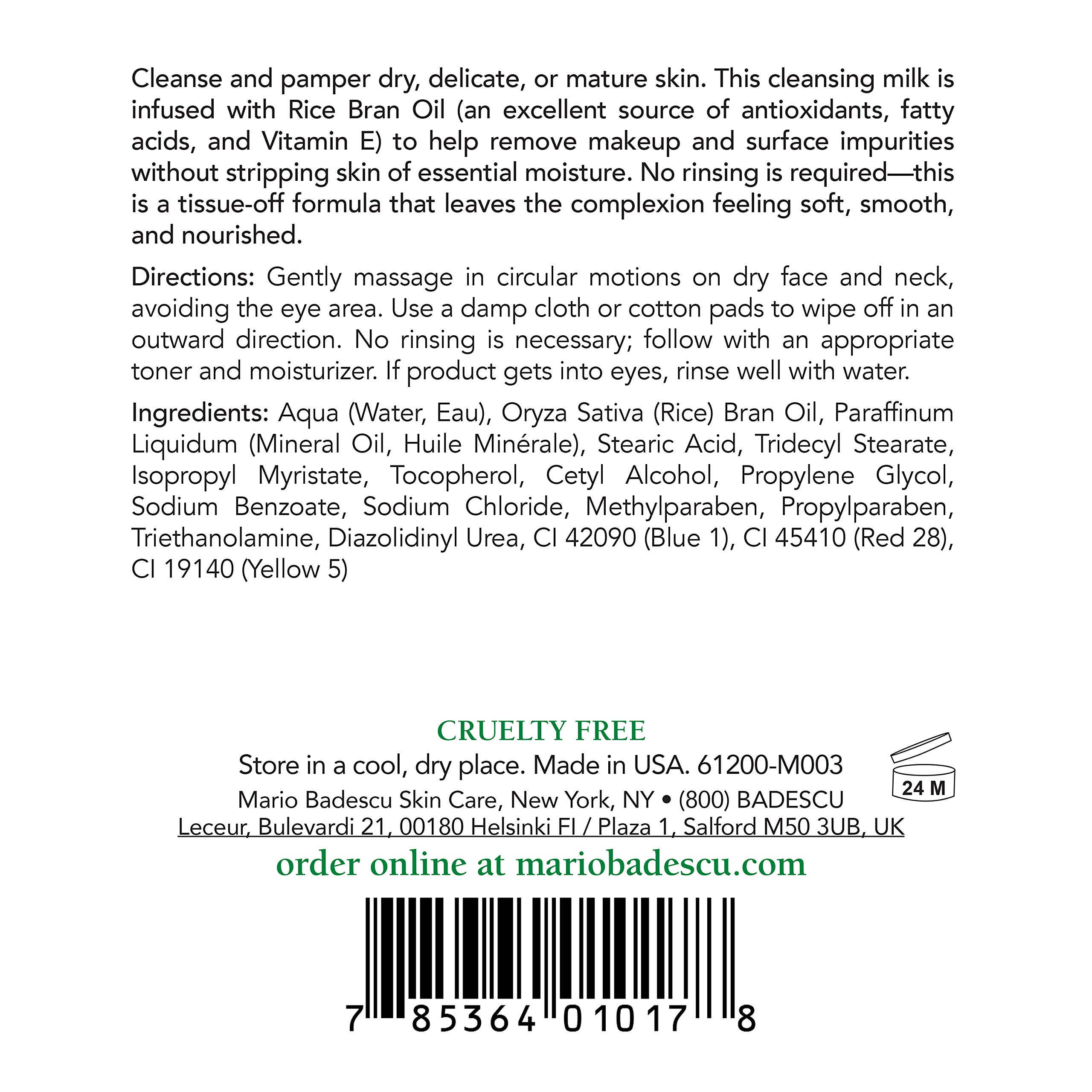 Mario Badescu Cleansing Milk with Carnation, Rice Oil & Vitamin E - No Rinse Liquid Makeup Remover Cleanser with Milky Formula For Skin Care and Gentle Cleansing Experience, 6 Fl Oz