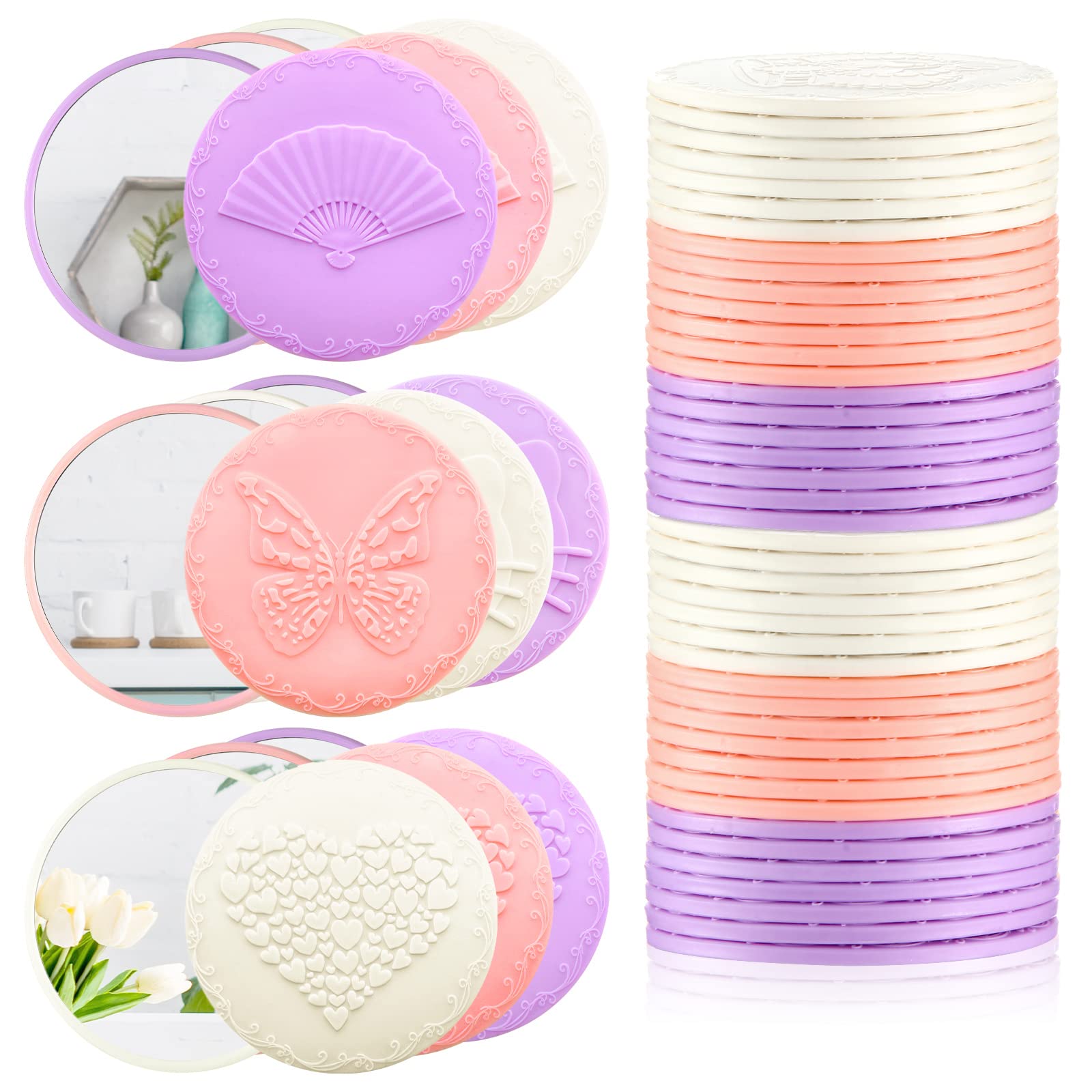 Yulejo 50 Pcs Compact Mirror Bulk Portable Travel Makeup Mirror Colorful Small Pocket Mirror for Women Girls Travel Daily Use,24 Styles, Purple, Pink, White
