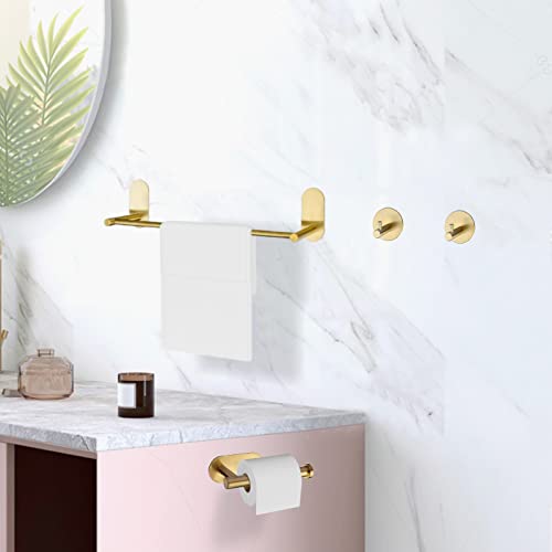 HouseAid 5-Piece Self Adhesive Towel Holder Set for Bathroom, Adhesive Bathroom Hardware Accessories Including Towel Ring, Toilet Paper Holder, 18” Towel Bar and 2 Towel Hooks, Brushed Gold