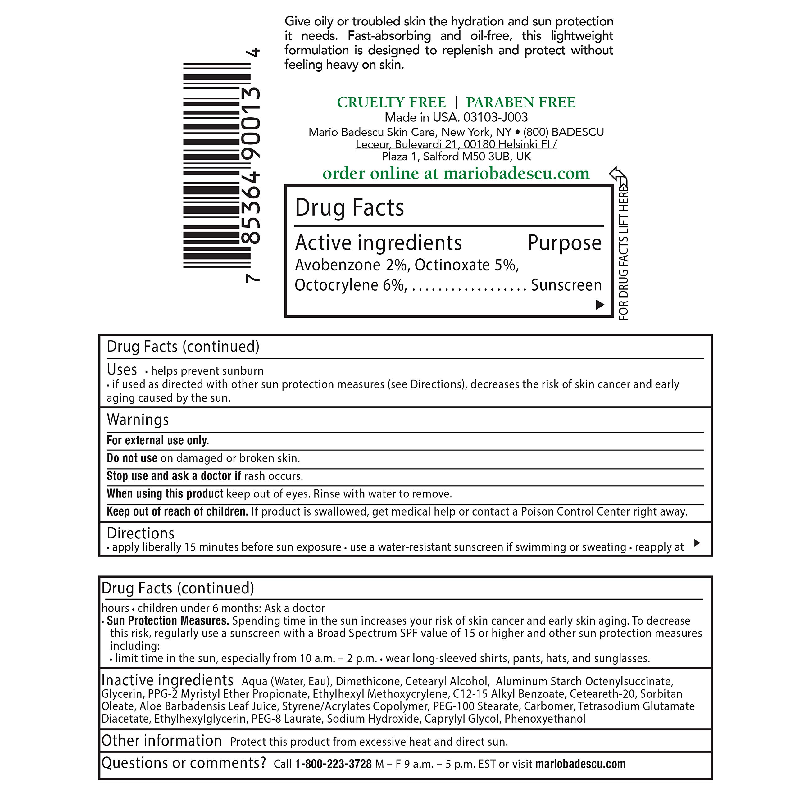 Mario Badescu Oil Free Moisturizer with Broad Spectrum SPF 17 Face Sunscreen for Combination, Oily & Sensitive Skin, Lightweight and Non-Greasy Formula with Green Tea & Aloe Vera, 2 Fl Oz
