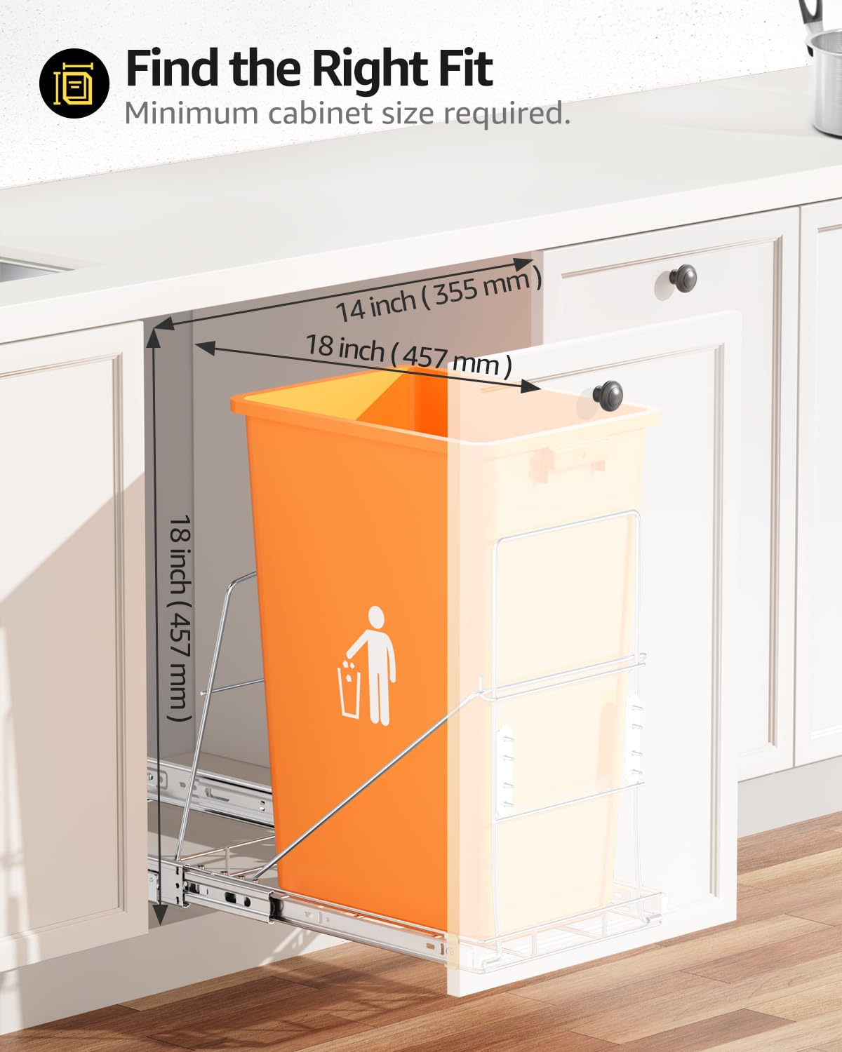 RUNMI Pull Out Trash Can Under Cabinet, Under Sink Trash Can Rack with Door Mounting Kit, Cabinet Trash Can Pull Out Kit Holds 7-10 Gallon Trash Can, for Kitchen Cabinet, Trash Can Not Included