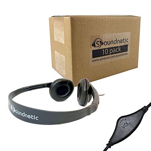 Soundnetic SNCCV Classroom Stereo Headphones with Leatherette Earpads and Volume Control, Black, Count of 10, Pack of 1