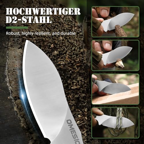 Omesio Neck Knife, Full Tang EDC Knife Necklace for Men, 5.82" Fixed Blade Knife with Kydex Sheath and Clip, Nessmuk Blade Small Knife D2 Steel G10 Handle for Outdoor, Survival, Camping