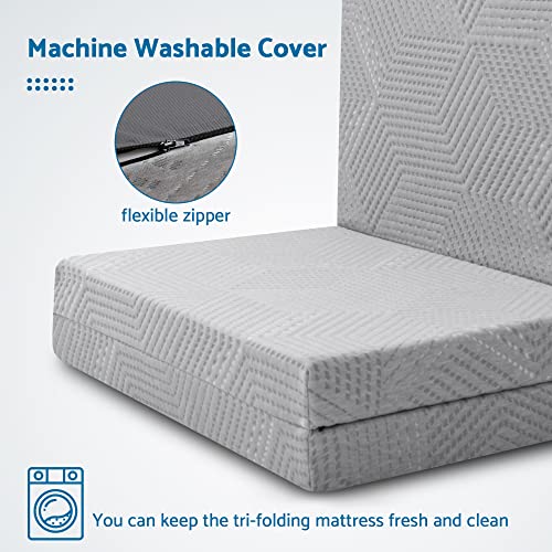 IULULU Folding Mattress, 4-Inch Single Size Tri-Fold Memory Foam Mattress Topper with Breathable & Washable Cover, Portable and Foldable Mattress for Floor, Guest Bed, Camping - CertiPUR-US Certified , Grey