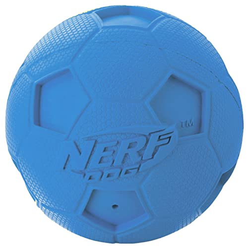 Nerf Dog Soccer Ball Dog Toy with Interactive Squeaker, Lightweight, Durable and Water Resistant, 2.5 Inches, For Small/Medium/Large Breeds, Two Pack, Blue and Red