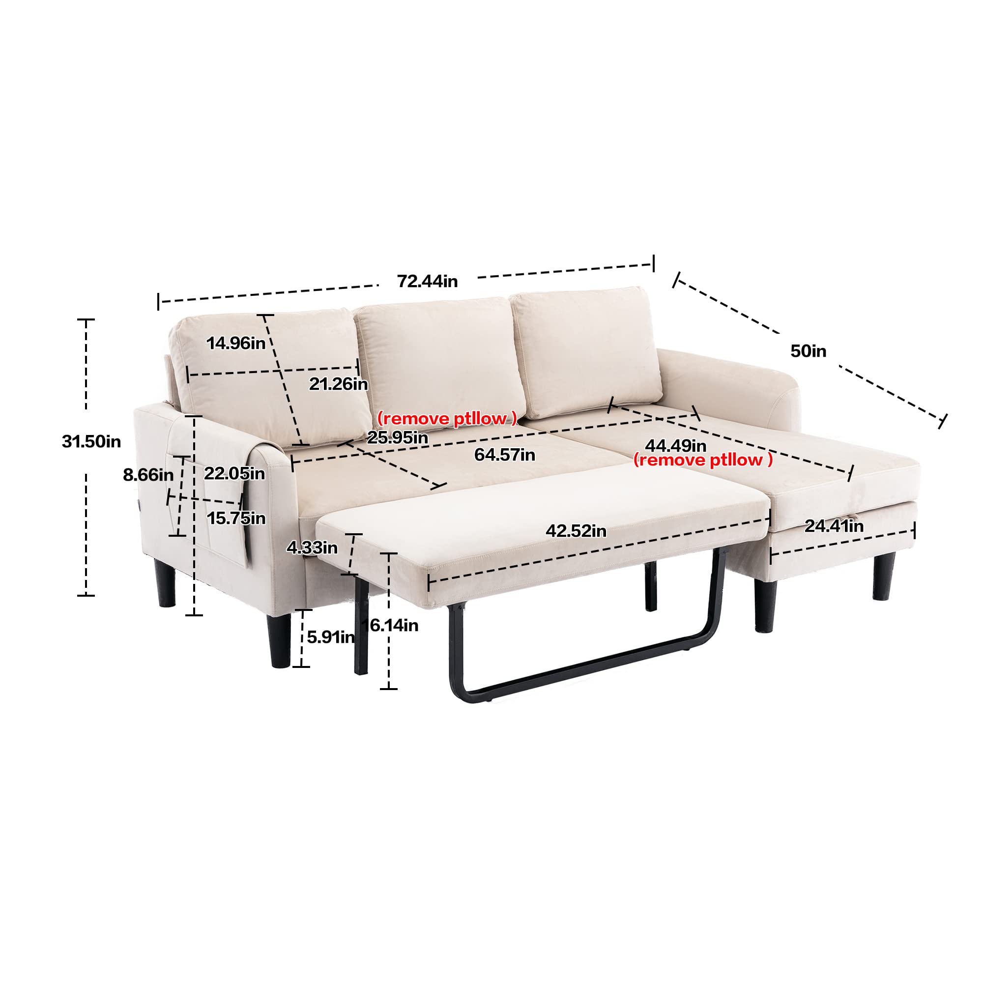 HomSof Sectional Sofa Set with Chaise Lounge, Storage, Cup Holder and Side Pocket, 3-Seat L-Shaped Couch for Small Spaces, Living Room