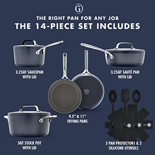 GreenPan GP5 Hard Anodized Healthy Ceramic Nonstick 14 Piece Cookware Pots and Pans Set,Heavy Gauge Scratch Resistant,Stay-Flat Surface, Induction, Mirror Finish Handle,Oven Safe,PFAS-Free, Blue