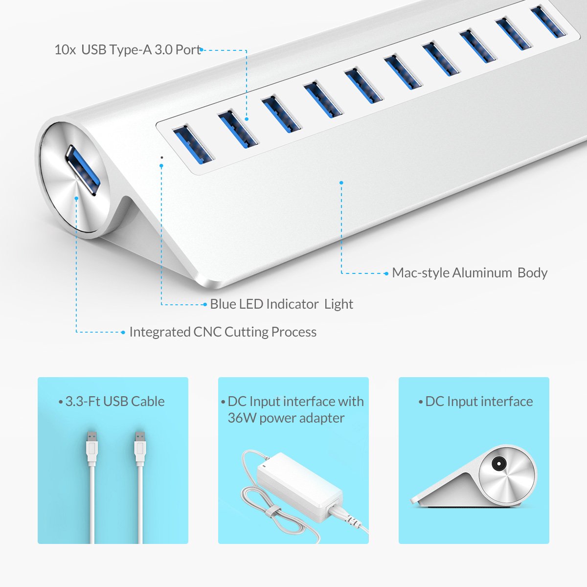 USB Hub, ORICO Super Speed USB 3.0 Triangle Aluminum Alloy Hub Splitter with DC12V Power Adaptor, 10-Port Data Hub with 3.3 Ft Extened Cable for MacBook, Mac Pro, iMac, Notebook, PC - Silver