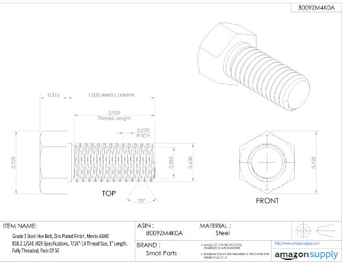 Steel Hex Bolt, Grade 5, Zinc Plated Finish, Hex Head, External Hex Drive, Meets ASME B18.2.1/SAE J429, 2" Length, Fully Threaded, 3/8"-16 Threads (Pack of 50)