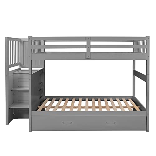 Harper & Bright Designs Bunk Beds Full Over Full Size, Wood Full Bunk Bed with Trundle Bed, Bunk Beds with Stairway for Kids Teens Adults, No Spring Box Needed (Grey, Can be Convertible to 2 Beds)