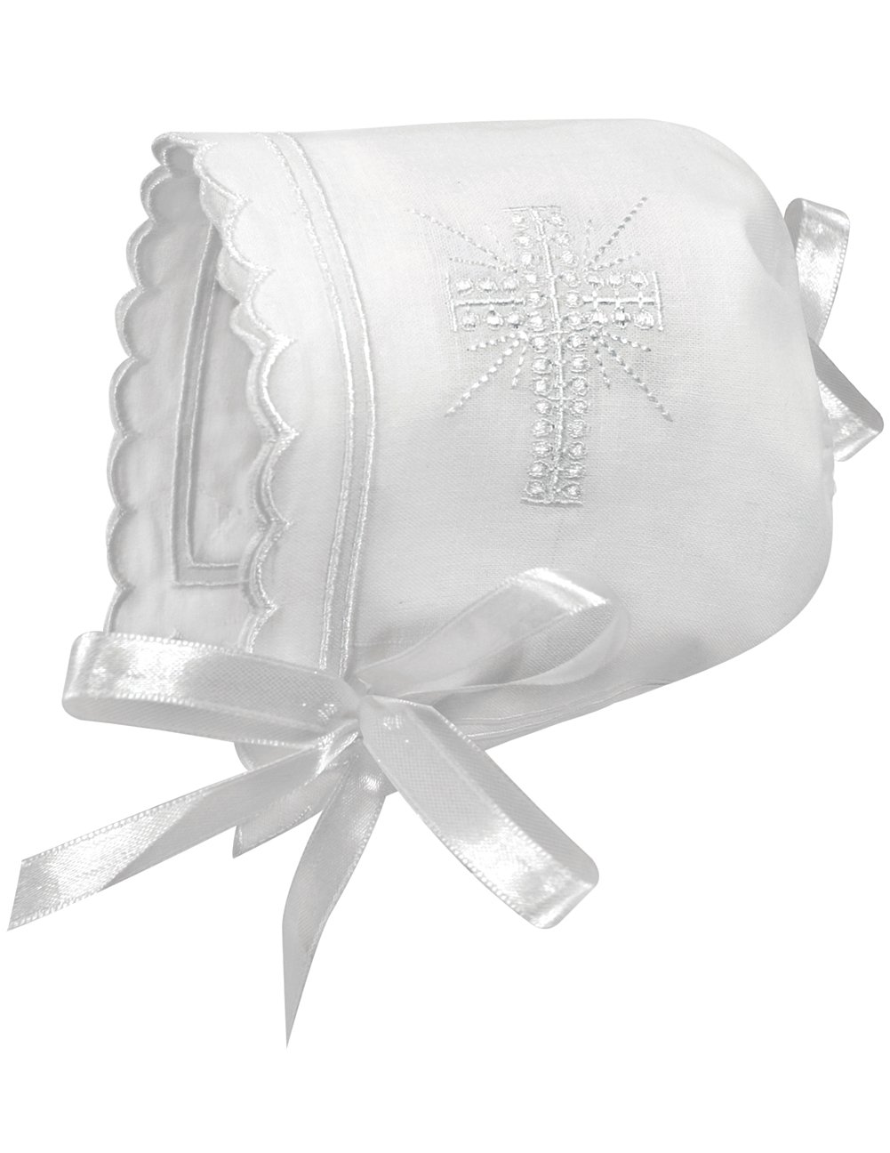 Stephan Baby Bonnets - White Cotton Christening Bonnet with Cutwork Embroidered Cross and Satin Bows, One Size, Scalloped Hem