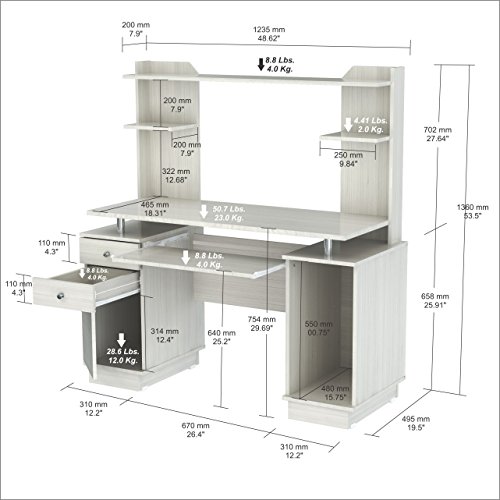 Inval America Computer Work Center with Hutch, 19.5 x 48.62 x 53.5, Washed Oak