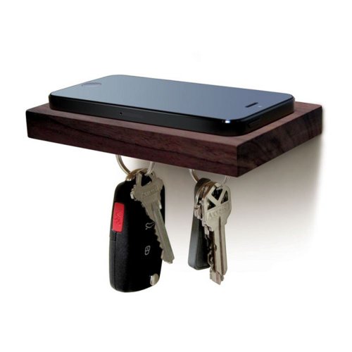ILoveHandles Plank Wooden Floating Shelf for Mobiles with a Magnetic Underside for Keys - Walnut