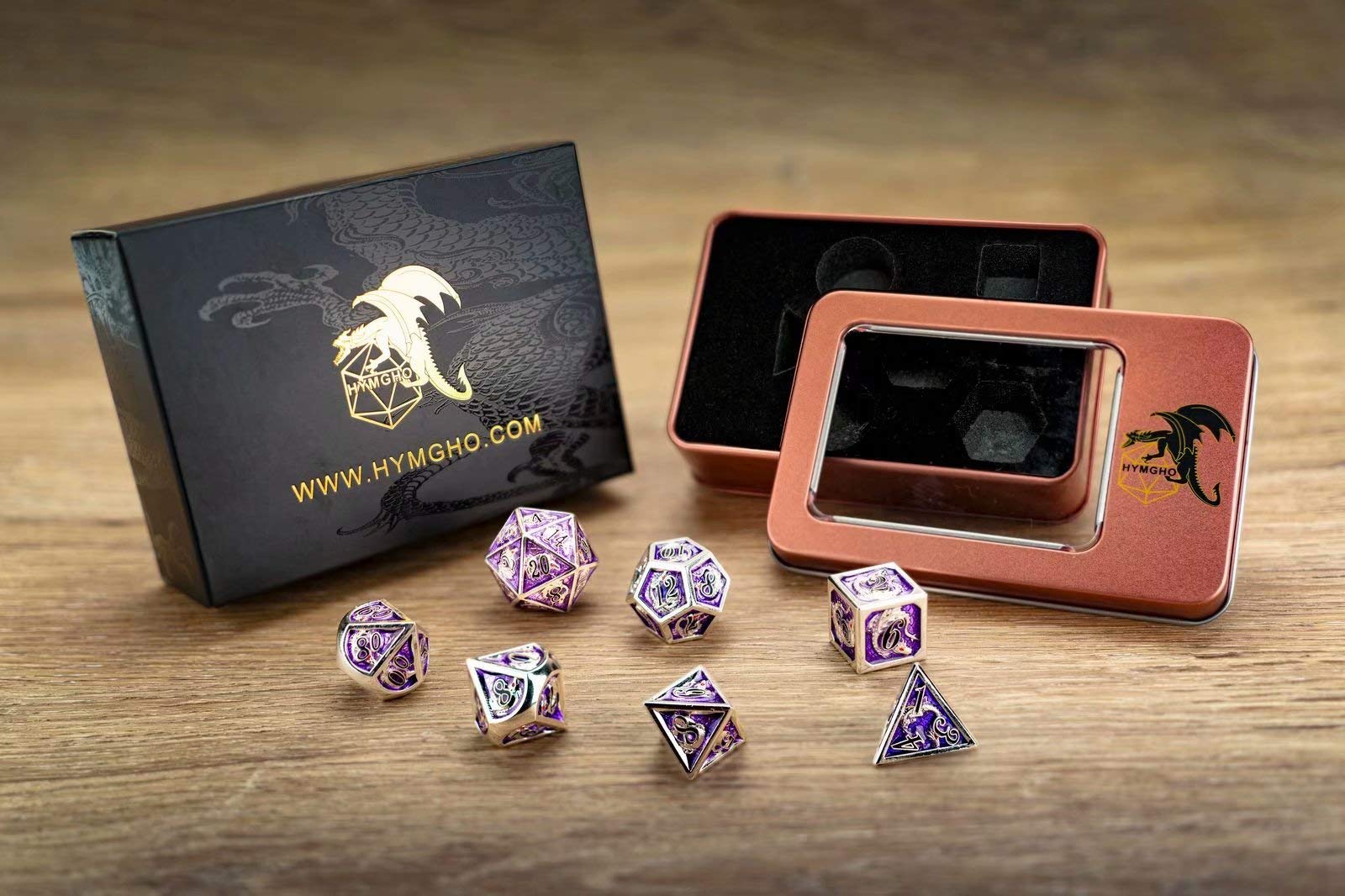 HYMGHO Polyhedral Metal DND Dice Set with Metal Box, 7-die Engraved Dragon Design with Dragon Scales RPG dice, Dungeons and Dragons Pathfinder Shadowrun D&D Role Palying Game(Ancient Gold)