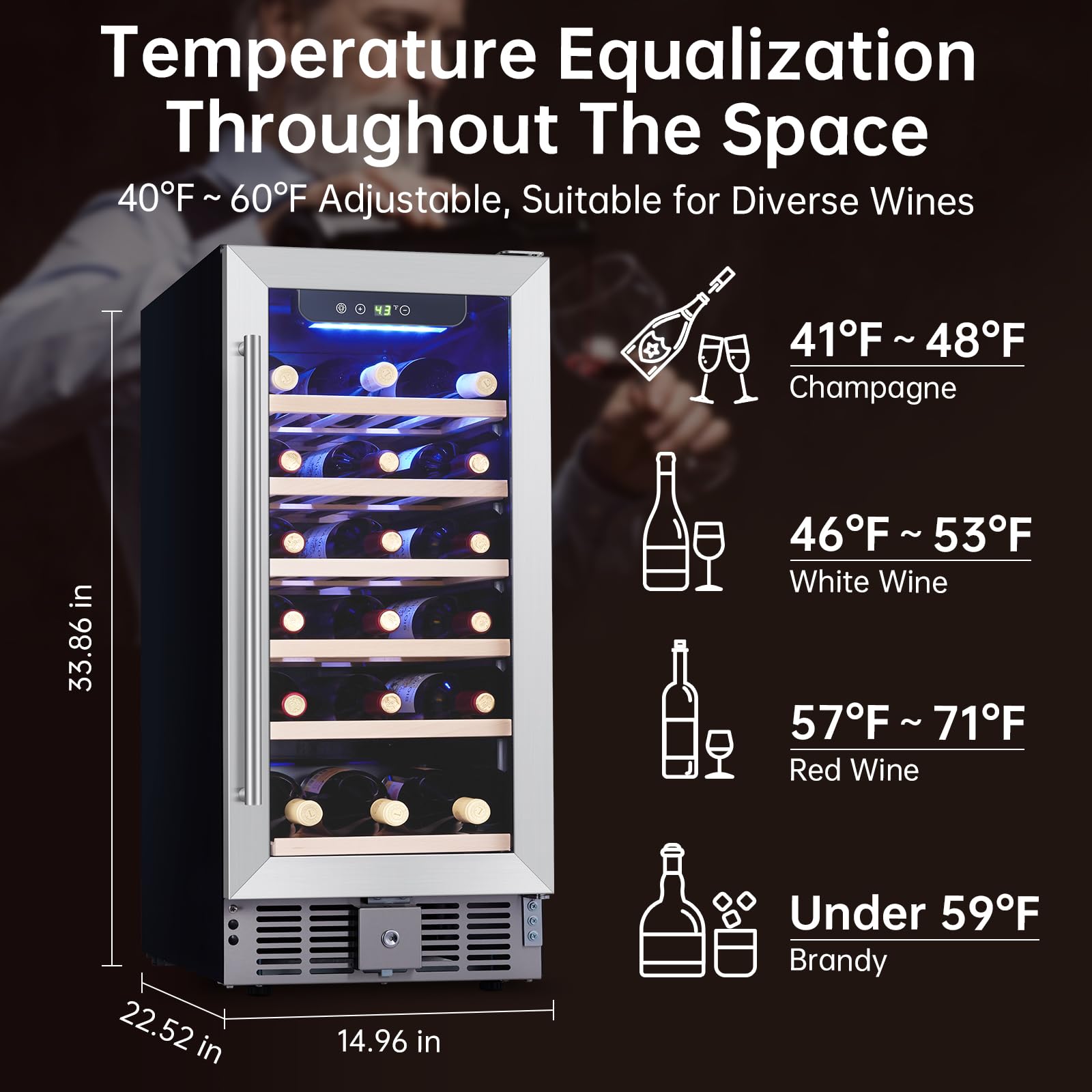 Takywep 30 Bottles Wine Fridge Under Counter, 15 Inch Wine Cooler with 40~60°F Digital Temperature Control, Safety Lock, All Wood Removable Shelves, Stainless Steel+Glass Door, Built-In Wine Cellars