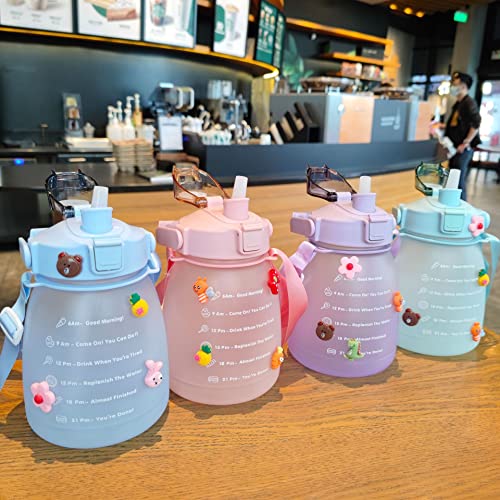 excvalues Kawaii Water Bottle with Strap, Large Capacity Cute Water Bottles with 3D Stickers, Portable Big Belly Bottle for School Outdoor Camping(Pink)