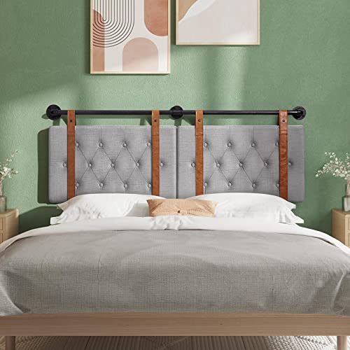 GREENSTELL Wall Mount Headboard with USB for King Size Bed, Linen Fabric Headboard Only, Industrial Pipe Modern Style, Gray Hanging Head Boards, Durable, Comfortable, Button Upholstered for Bedroom