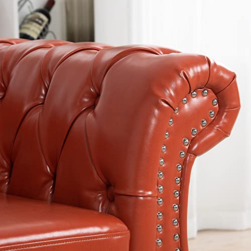 QHITTY Accent Large Sofa, Chesterfield Couch 3 Seater Modern Leather Couch Upholstered Sofa with Tufted Back for Living Room Furniture (Orange)