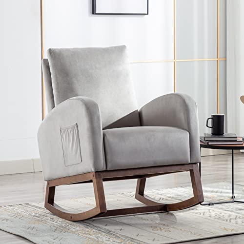 Rocking Chair Nursery Glider Rocker Chair High Backrest Upholstered Velvet Accent Armchair with Side Pocket for Living Room Bedroom Office (Grey)