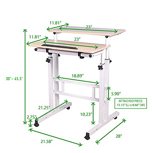 Mind Reader SDROLL-WHT Mobile Sitting, Standing Desk Rolling Reversible Home Office Laptop Workstation with Side Storage, Locking Wheels, Large, White