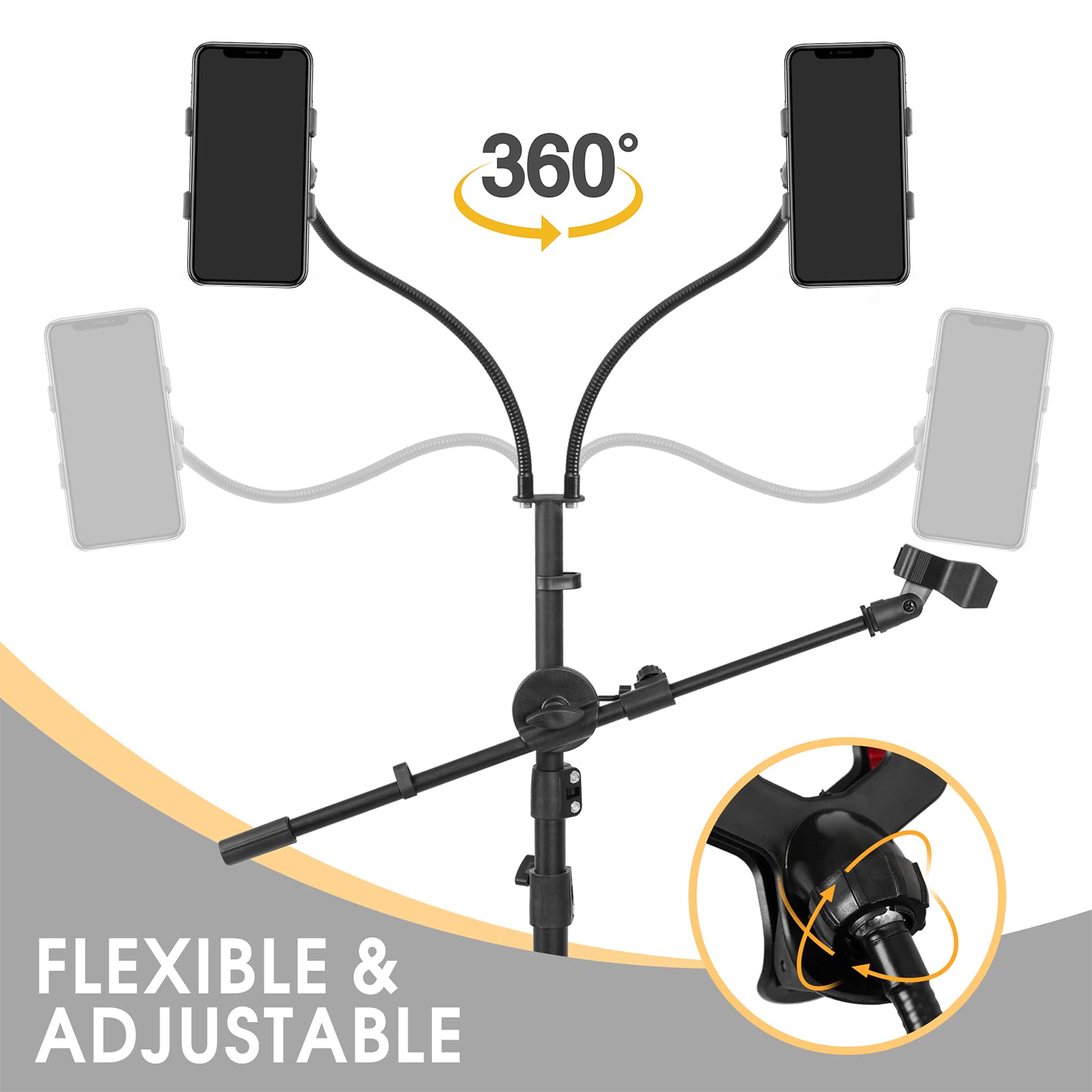 Autex Tripod Mic Stand, Microphone Stand with 2 Gooseneck Phone Holders, Boom Mic Stand with Mic Shock Mount, Pop Filter and Carrying Bag, Dual-use Mic Stands for Podcast, Radio and Live Stream